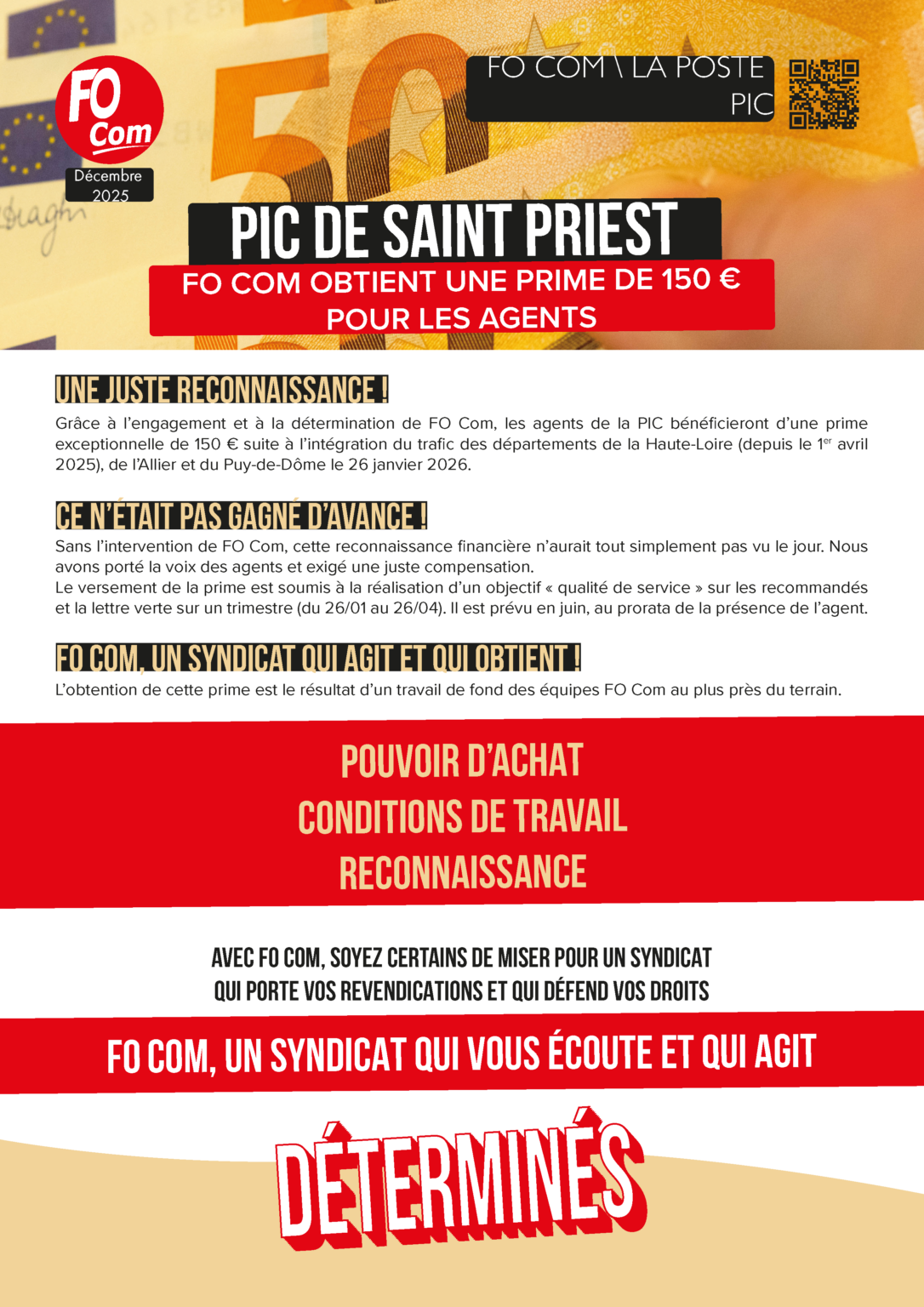 PIC de Saint Priest : FO Com obtient une prime de 150€ – Focom-la poste